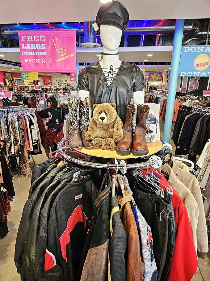 This mannequin's leather-clad ensemble suggests either a fashion-forward statement or preparation for an extremely stylish apocalypse.