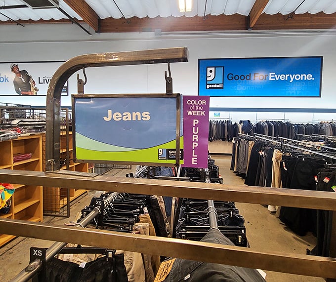 Jeans announces the sign, but what it really means is "denim history museum" where vintage Levi's might hide among fast-fashion castoffs.