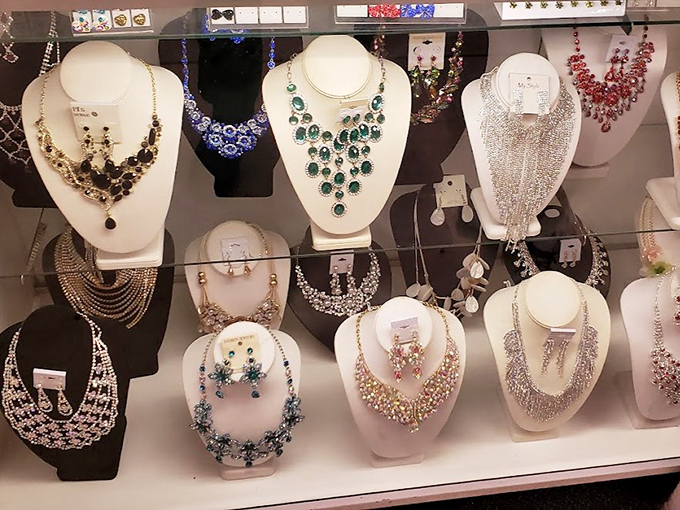 Jewelry that catches both light and attention, displayed with democratic elegance. Sparkle doesn't have to break the bank when you know where to look.