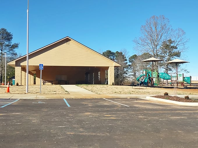 This pavilion and playground combo is the community equivalent of the kids' table and adults' table at Thanksgiving &ndash; everyone's happy.