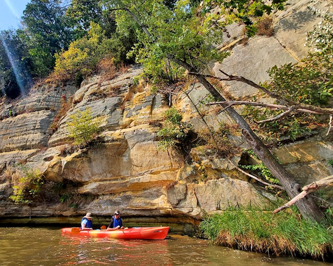 Kayakers gain a water-level perspective of the towering bluffs&mdash;like seeing the Grand Canyon from the Colorado River, but with more convenient parking.