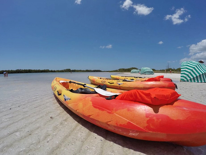 Water chariots awaiting adventure-seekers. These kayaks promise exploration of Tigertail's lagoon that no beach chair could ever provide.
