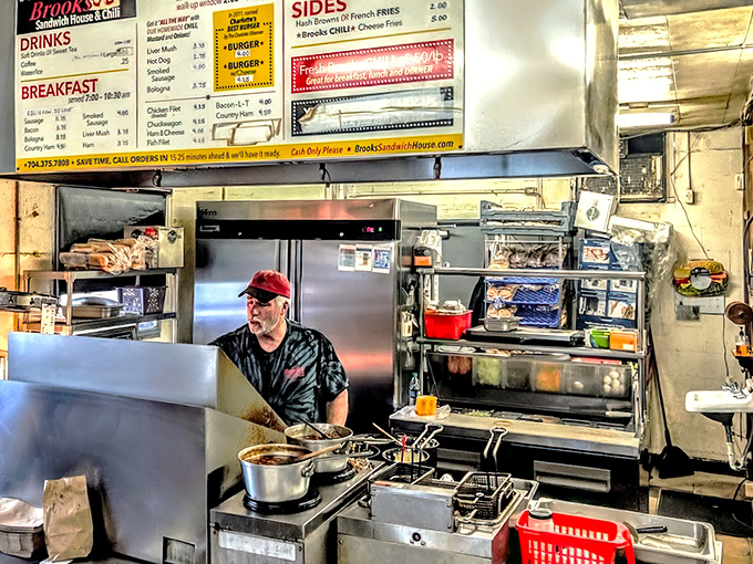 Behind the scenes in the kitchen, where decades of burger wisdom transform simple ingredients into Charlotte legends.