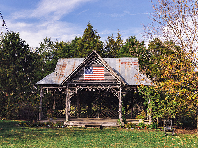 This weathered gazebo with American flag captures Leiper's Fork's patriotic spirit. Norman Rockwell would've set up his easel right here.