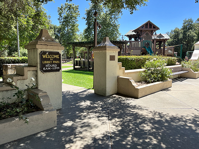 The welcoming entrance to Libbey Park invites visitors into Ojai's community living room, where locals and tourists mingle under dappled shade.