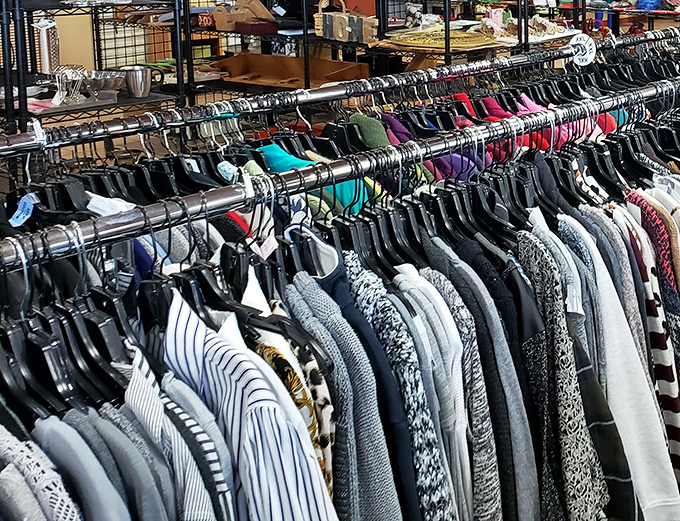 Professional attire and casual wear mingle democratically, ready to outfit your next career move or weekend adventure.