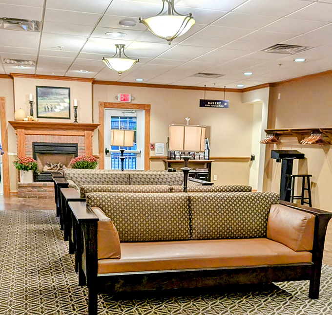 The waiting area offers a fireplace and comfortable seating &ndash; because anticipation is part of the Der Dutchman experience, and they make even that enjoyable.