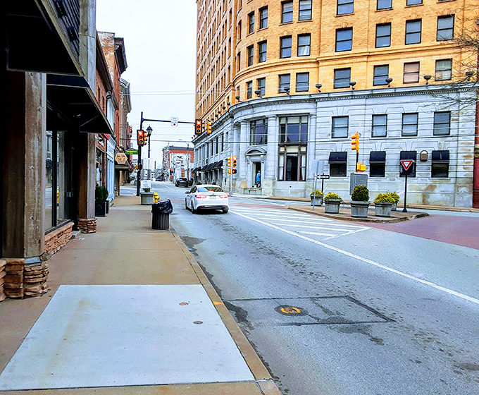 Morning light plays across Uniontown's downtown district, highlighting the architectural details that most modern cities have long since sacrificed to progress.