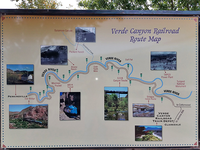This route map reveals the meandering path through Verde Canyon, each stop marking another opportunity for jaw-dropping views.