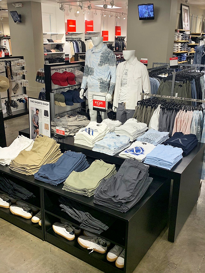 Perfectly folded stacks of summer shorts&mdash;a retail Tetris game where the prize is looking fabulous for less.