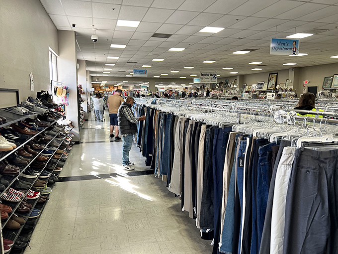 The men's department stretches into the distance, a sea of potential wardrobe upgrades at prices that won't trigger credit card alerts.