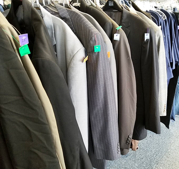 The men's department: where business suits that once closed deals now close bargains, complete with pinstripes that never go out of style.