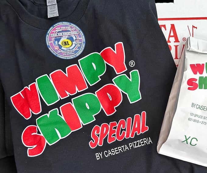 Wimpy Skippy merchandise proudly displays the name of Caserta's signature creation, a cult favorite that's earned its own branded gear.