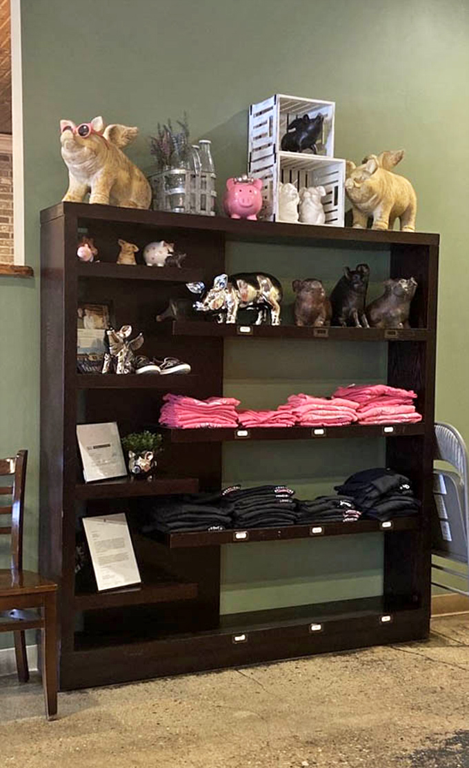 A shrine to all things porcine. When your restaurant is named "Bodacious Pig," you commit to the bit—right down to the merchandise.