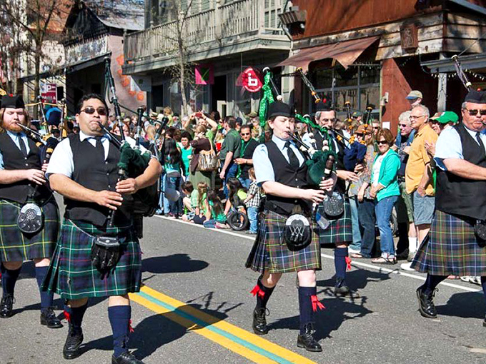 Bagpipers lead the Murphys Irish Day parade, proving that in California, everyone's Irish heritage is just one festival away.