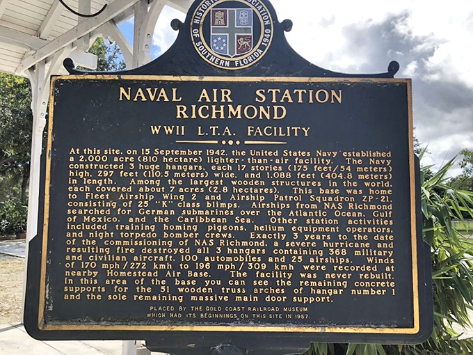 This historical marker reveals the site's fascinating past as Naval Air Station Richmond, connecting Florida's railroad history with its military heritage.