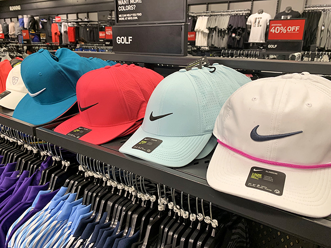 Nike's golf hat display brings country club style to everyday budgets with a palette of colors that outshines the California sunset.