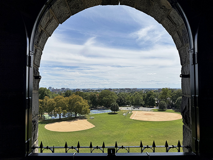 From this arched window, baseball diamonds and city skyline create a perfect marriage of recreation and urban landscape—Delaware's version of a Room with a View.