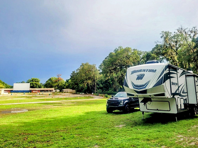 Cars gather like pilgrims at the altar of outdoor entertainment.