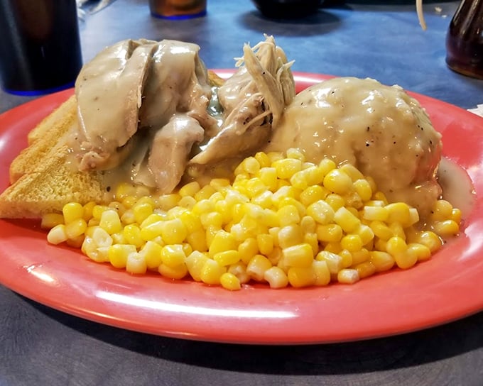 Open-faced turkey sandwich&mdash;where gravy becomes a legitimate food group and corn brings a sweet pop of color.