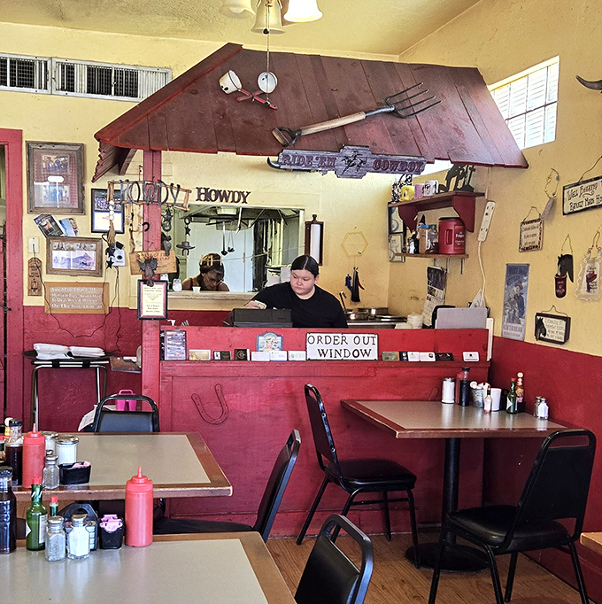 "Order Out Window" &ndash; where magic happens behind a red counter, proving that the best kitchens don't need fancy equipment, just skilled hands.