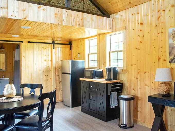 Country convenience with style. The kitchenette area offers all the essentials without sacrificing the cabin's rustic aesthetic or precious space.