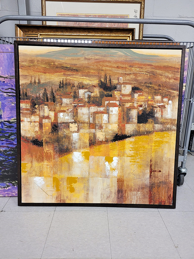 Someone's Mediterranean dream captured in oils and acrylics. This painting once watched over pasta dinners and is ready for your dining room.