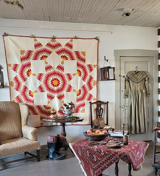 A handmade quilt tells stories of patience and tradition inside this historic space, where yesterday's craftsmanship meets today's appreciation.