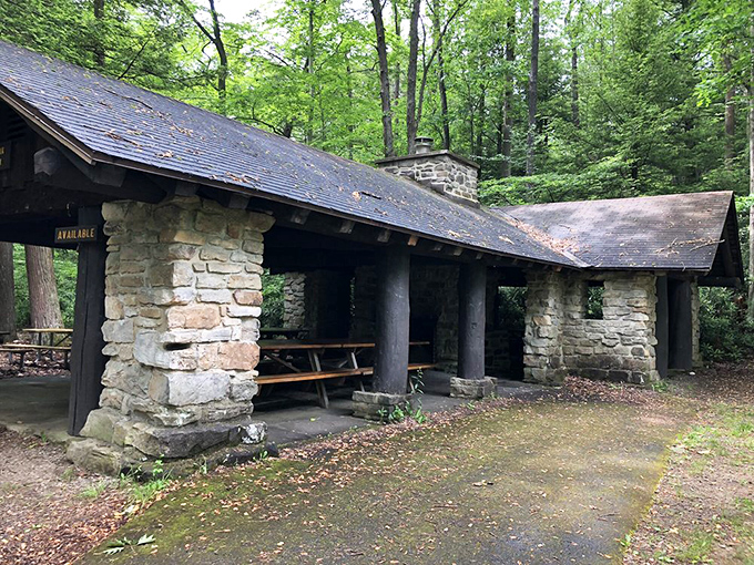 Stone pavilions provide shelter for picnics, proving our ancestors knew something about permanent outdoor dining spaces we've clearly forgotten.