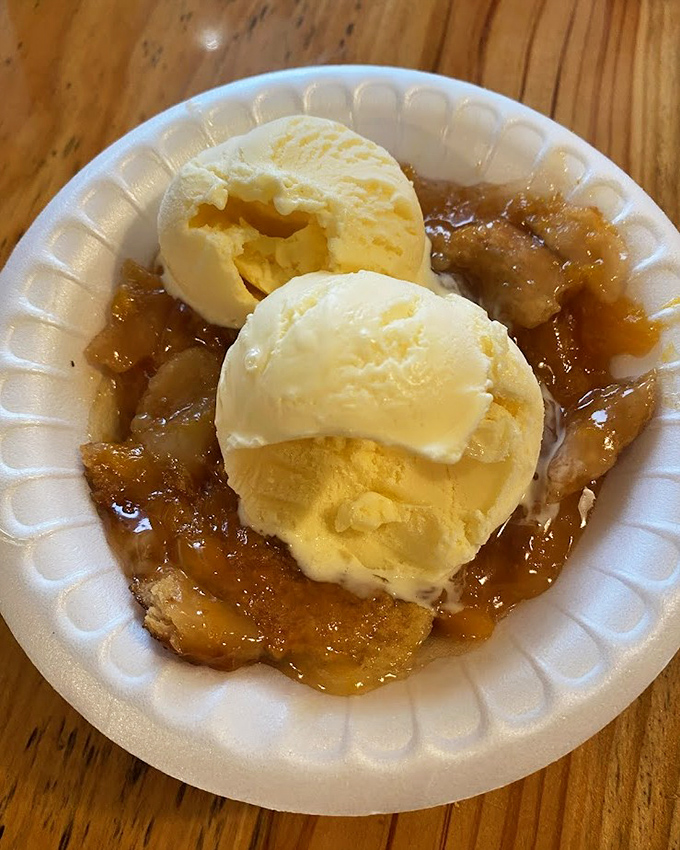 Peach cobbler that would make your Southern grandmother weep with joy. The ice cream melting into warm fruit is pure poetry.