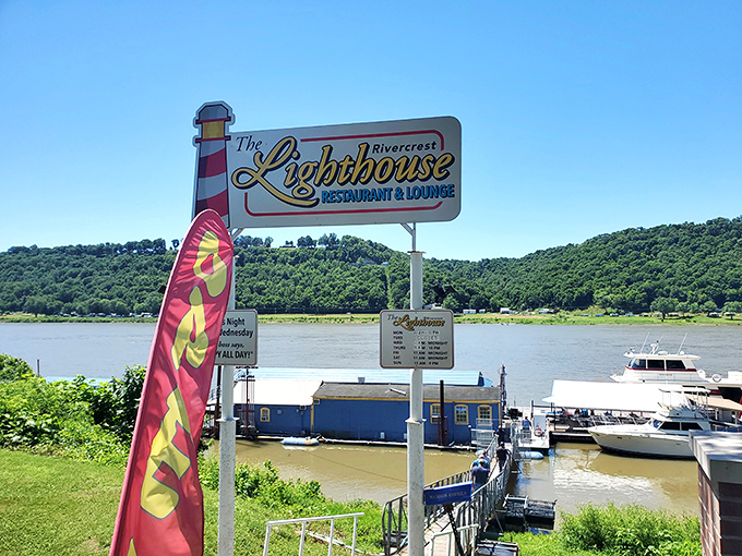 The Lighthouse Restaurant sits right on the water, because apparently someone decided dinner should come with a view.