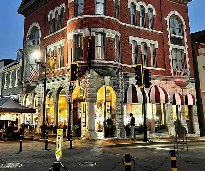 As night falls, this corner building glows like a Victorian jewelry box. Staunton after dark proves small towns know how to illuminate more than just streets.