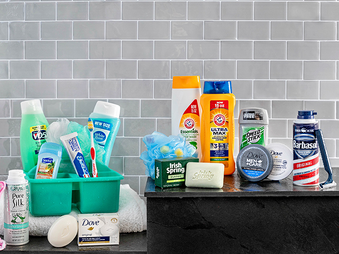 Brand-name personal care products that prove Dollar Tree isn't just about generic alternatives. Dove, Irish Spring, and Barbasol make appearances in this bathroom bonanza.
