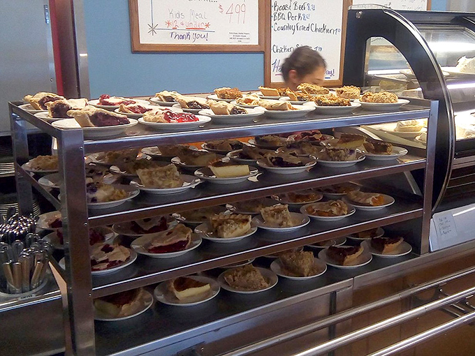 The pie display&mdash;where dreams are stacked three shelves high and calories don't count if you're on vacation.