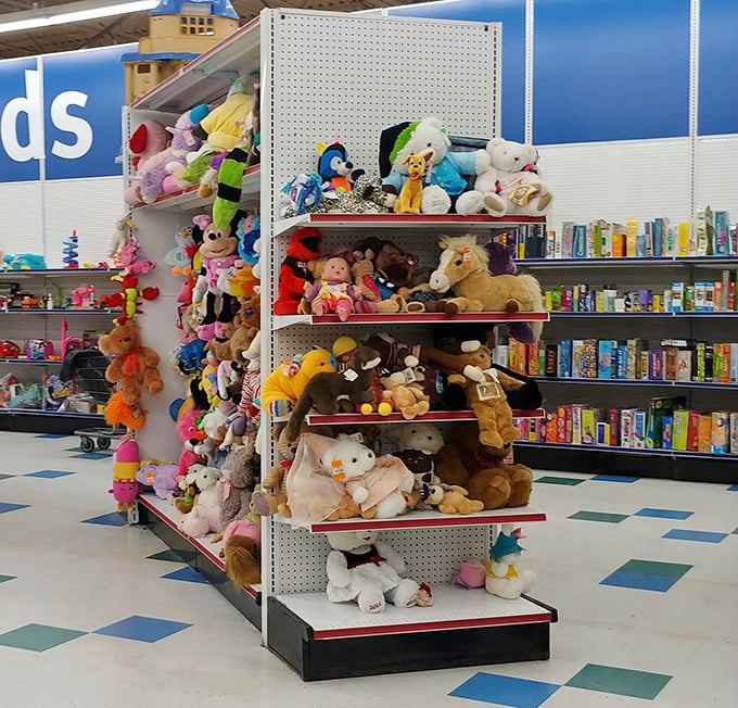 Stuffed animal kingdom where plush companions await adoption. That horse might become someone's cherished childhood memory for less than a fast food meal.