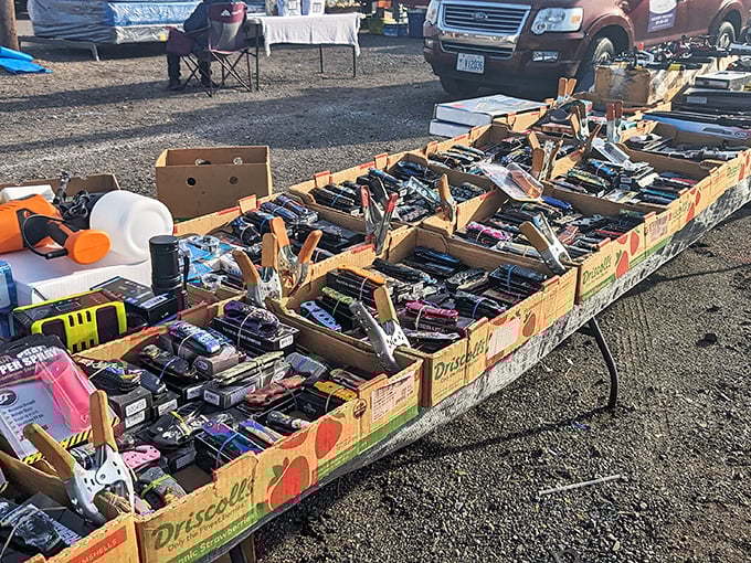 Tools of every trade spread across fruit boxes &ndash; the kind of organized chaos that makes DIY enthusiasts reach for their wallets.