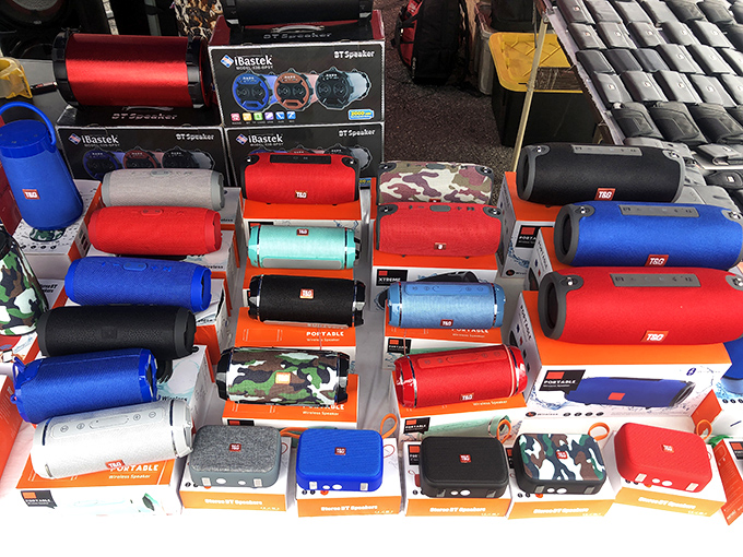 Bluetooth speakers in every color imaginable. Modern technology meets flea market prices in this portable symphony section.