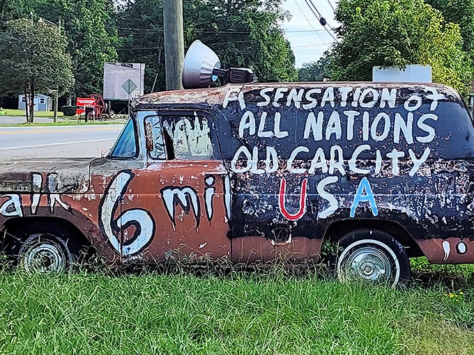 The ultimate roadside advertisement. This hand-painted delivery van proudly proclaims Old Car City as the "Sensation of All Nations."