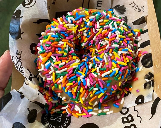 A rainbow sprinkle donut that doesn't just feed your hunger but nourishes your inner child with every colorful, joyful bite.