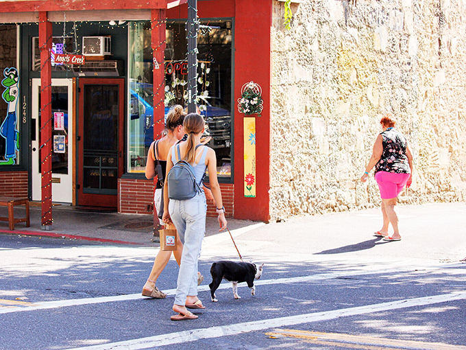 Downtown strolling is a local pastime, complete with four-legged friends who appreciate the town's pedestrian-friendly vibe.