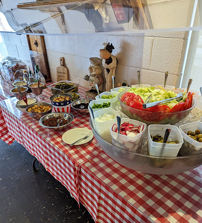 A salad bar that means business. Fresh vegetables and homemade toppings await those wise enough to save room for more than just steak.