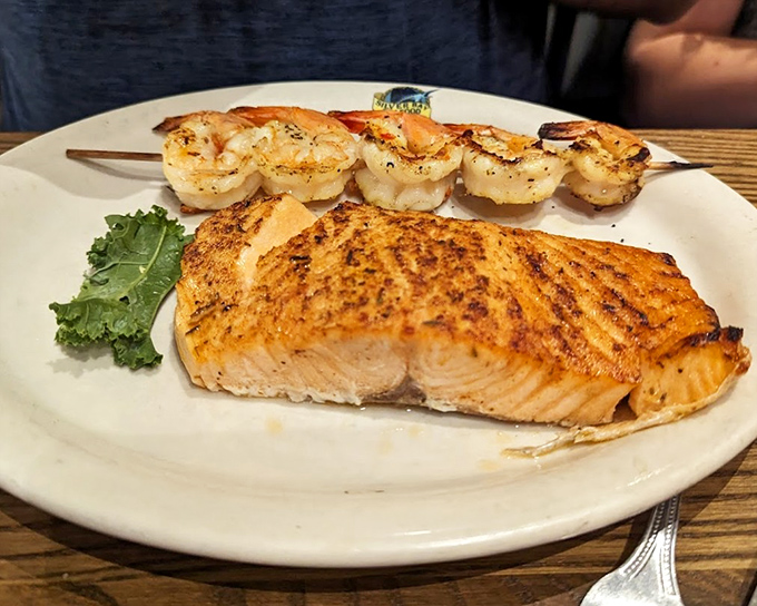 Grilled salmon and shrimp skewer—proof that sometimes the simplest preparations let quality seafood shine brightest. Ocean-to-plate perfection.
