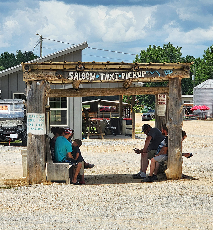 The "Saloon Taxi Pickup" station&mdash;where your dining adventure begins with a bumpy ride that's one part hayride, one part time machine to the Old West.