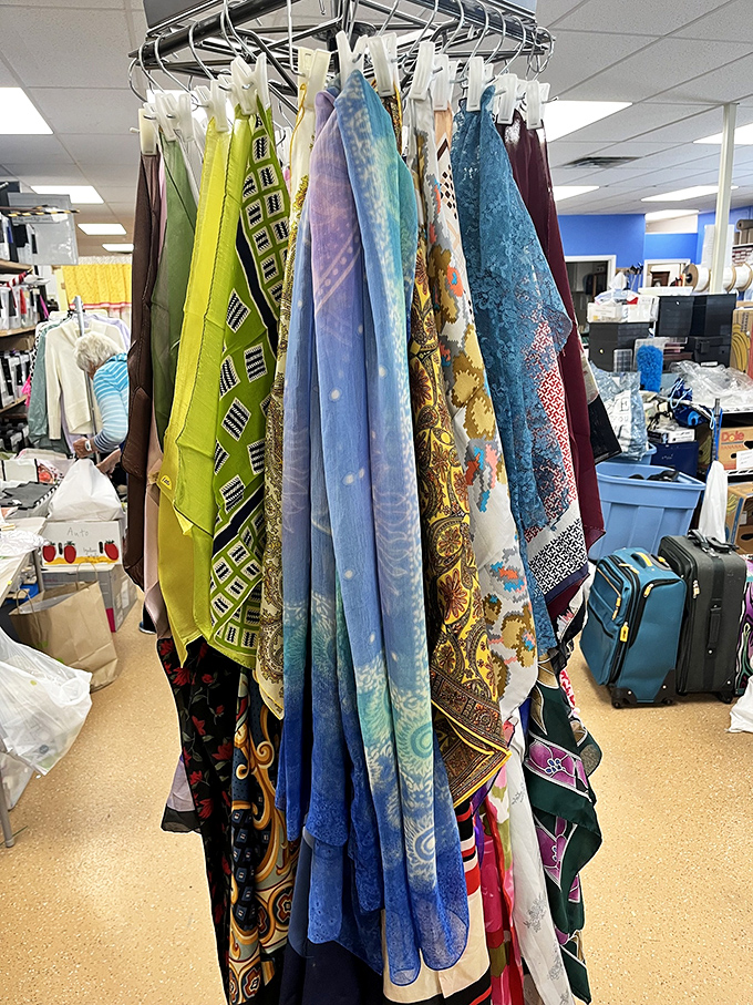 Scarves dancing with color and pattern. Silk, cotton, and synthetic swirls that could transform an outfit or disguise a coffee stain with equal panache.