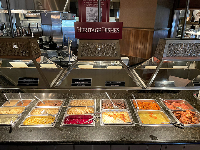 The "Heritage Dishes" buffet section showcases Pennsylvania Dutch classics in a rainbow of colors that would make any food photographer swoon.