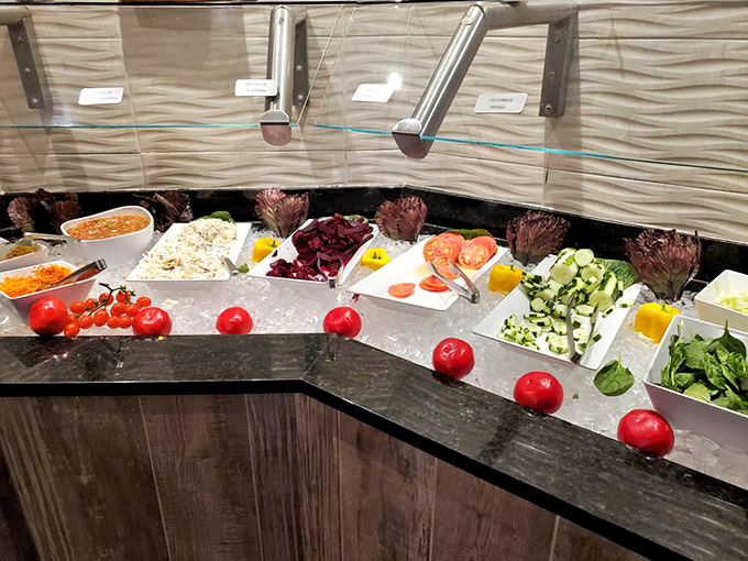 Fresh vegetables, crisp greens, and colorful salads line the self-service counter&mdash;the smart diner's first tactical move before the meat parade begins.