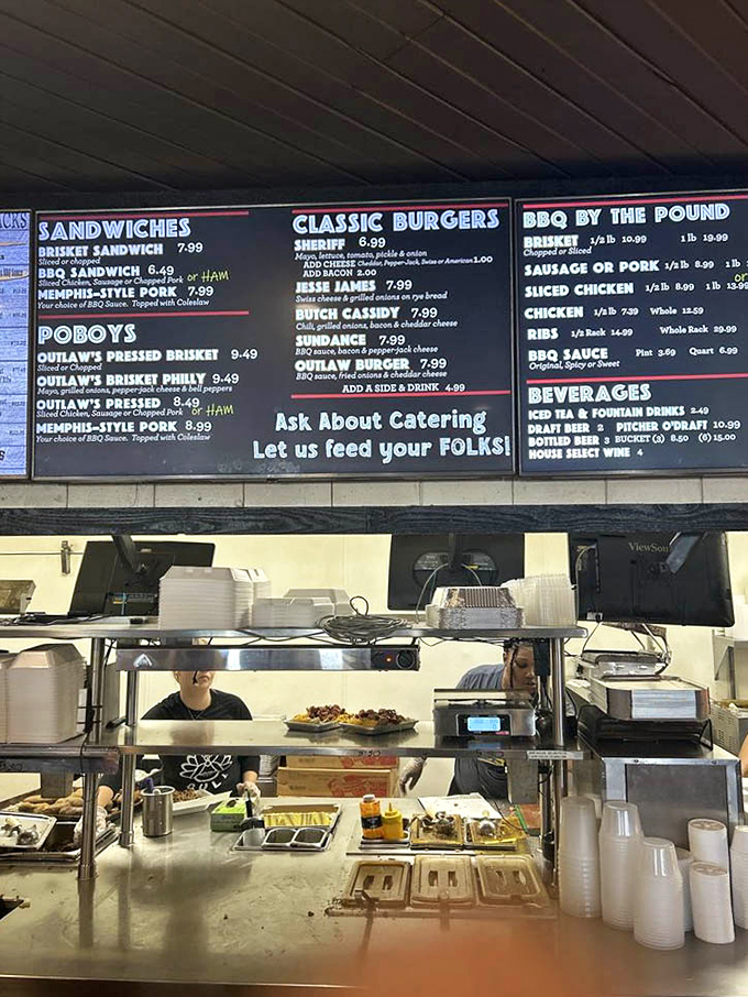 The menu board doesn't just list food—it presents life-altering decisions between sandwiches named after famous outlaws of the Wild West.