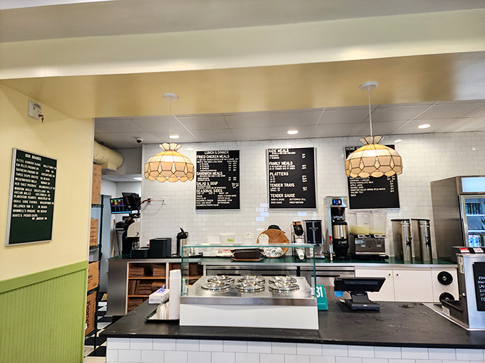 Stained glass pendant lamps cast a warm glow over the ordering area. This isn't fast food&mdash;it's food worth slowing down for.