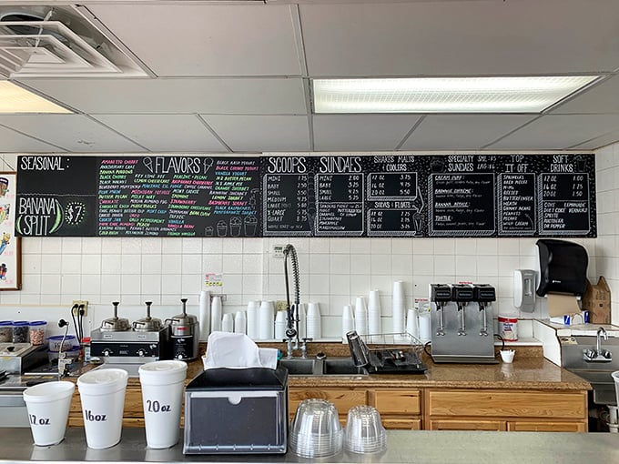 Behind this glass lies frozen happiness in dozens of flavors. Clark's display case is like a museum where you're encouraged to take the exhibits home.