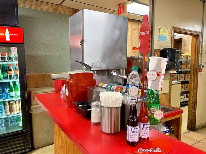 The soda station and condiment bar &ndash; humble necessities that complete the Capitol Lunch experience. Self-service never felt so satisfyingly democratic.